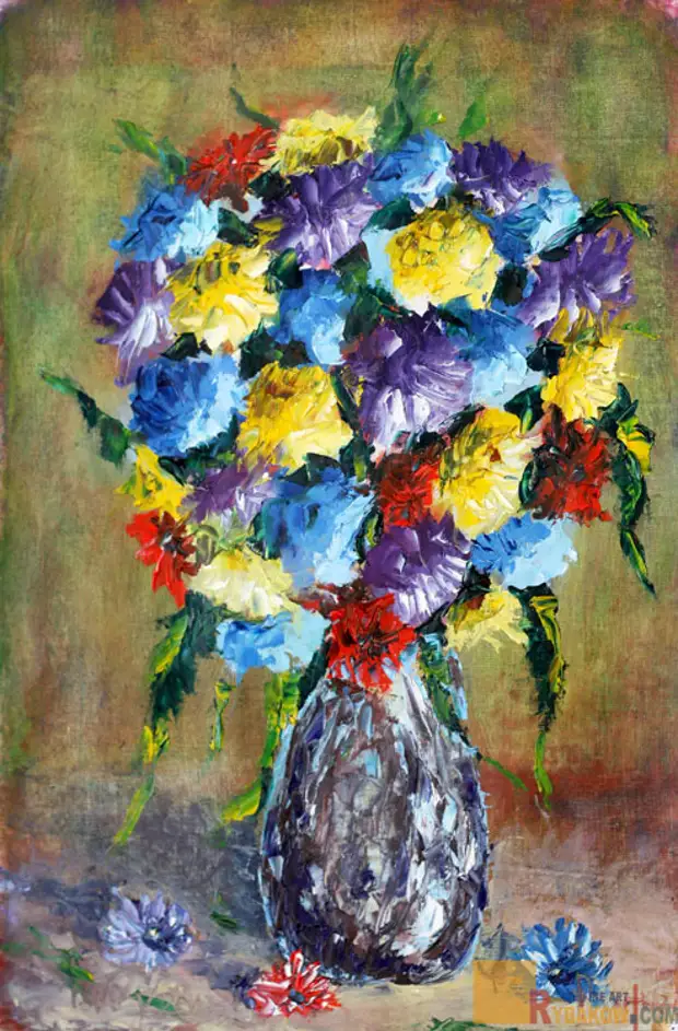 Pagpintal sa bulak nga adunay lana ug paleta nga kutsilyo: BOUQUET OF BRIGHT FLOWERS. Artist nga si Rybakov.