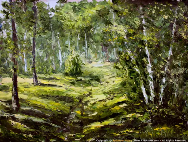 Paisagem da floresta. Pintura a óleo e espátula.