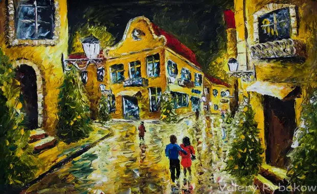 artista Rybakov. Paisagem da cidade à noite. Quadro.