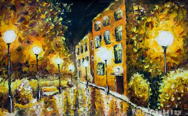 Artista Rybakov. Paisagem da cidade à noite. Quadro