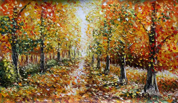 Lupa ng tanawin. Artist na si Rybakov. Autumn Park. Pagpipinta gamit ang isang palette kutsilyo: