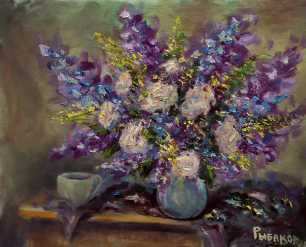 Flores de pintura a óleo com uma espátula. Artista Rybakov. Vaso com flores. Quadro: