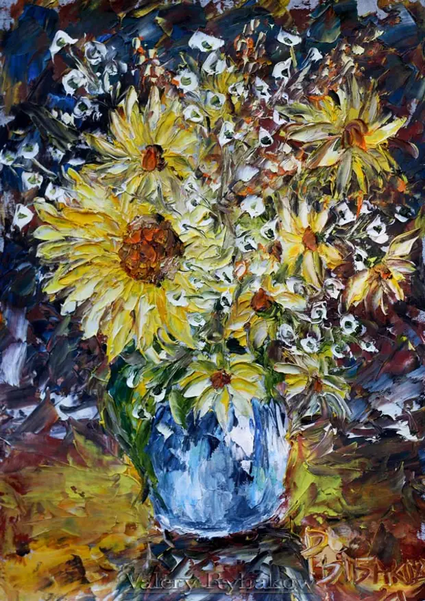 Flores de pintura a óleo com uma espátula. Artista Rybakov Valery. Vaso com flores. Quadro: