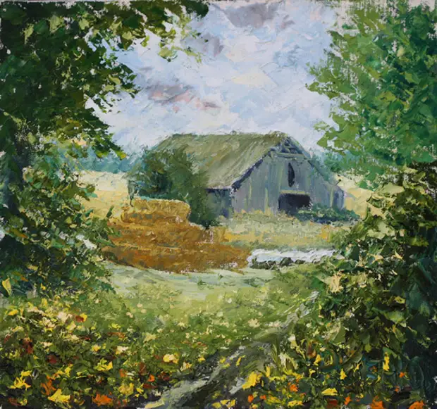 Estude com uma espátula. Paisagem rural. Pintura de paisagem rural.