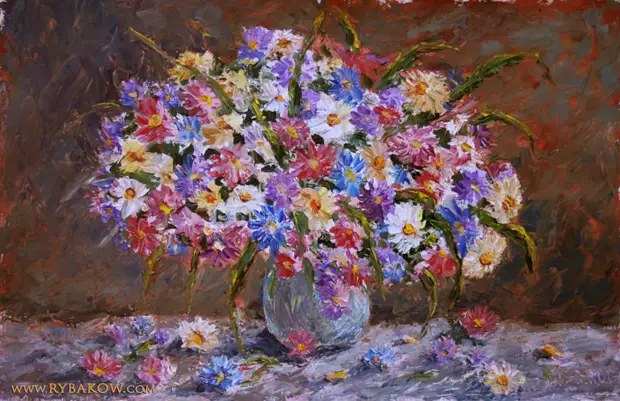 Flores de pintura a óleo com uma espátula. Artista Rybakov Valery. Vaso com flores. Quadro: