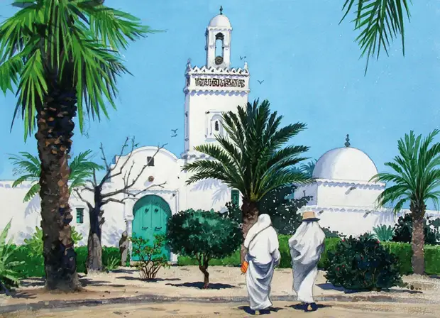 Aquarelle Jema in El Ghorba (Mosquée des étrangers)